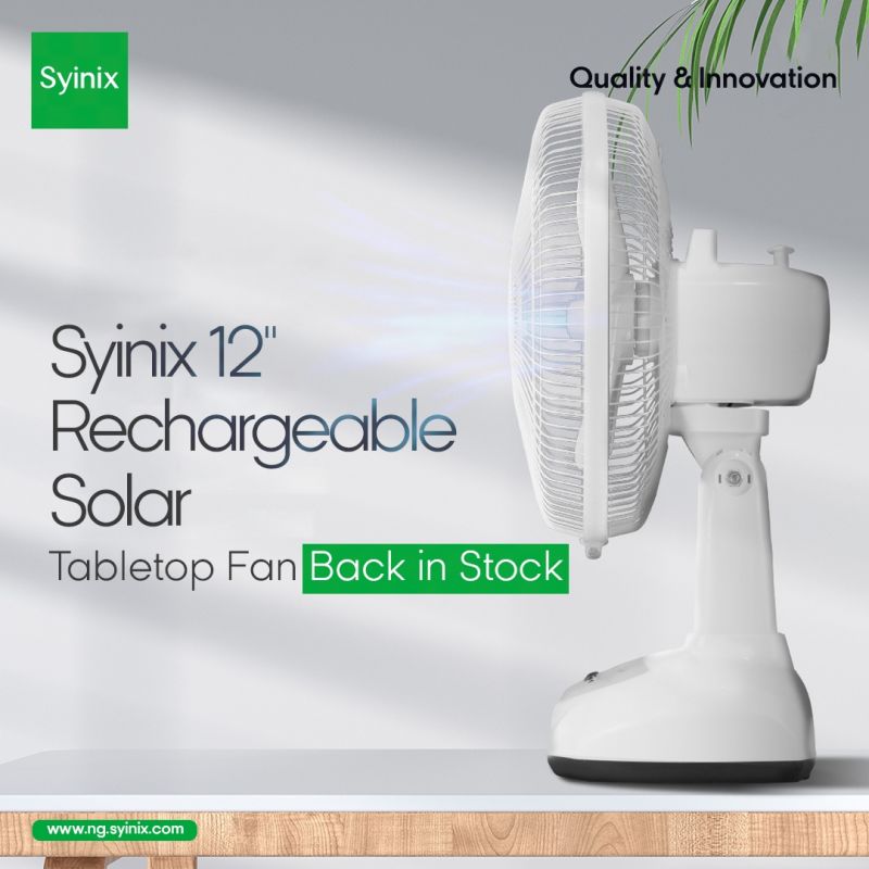 Syinix 12 Inches Rechargeable Fan +Solar Panel +13 Months Warranty